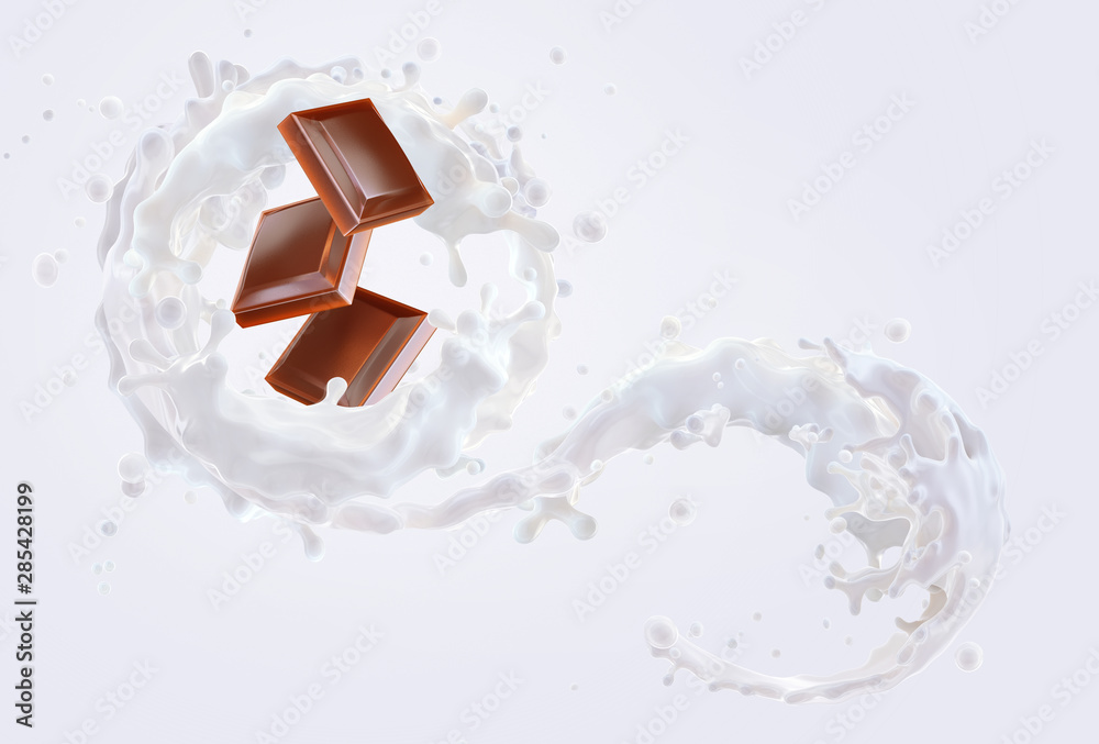 Milk chocolate bar pieces and fresh milk, cream swirl 3D splash twisted ...