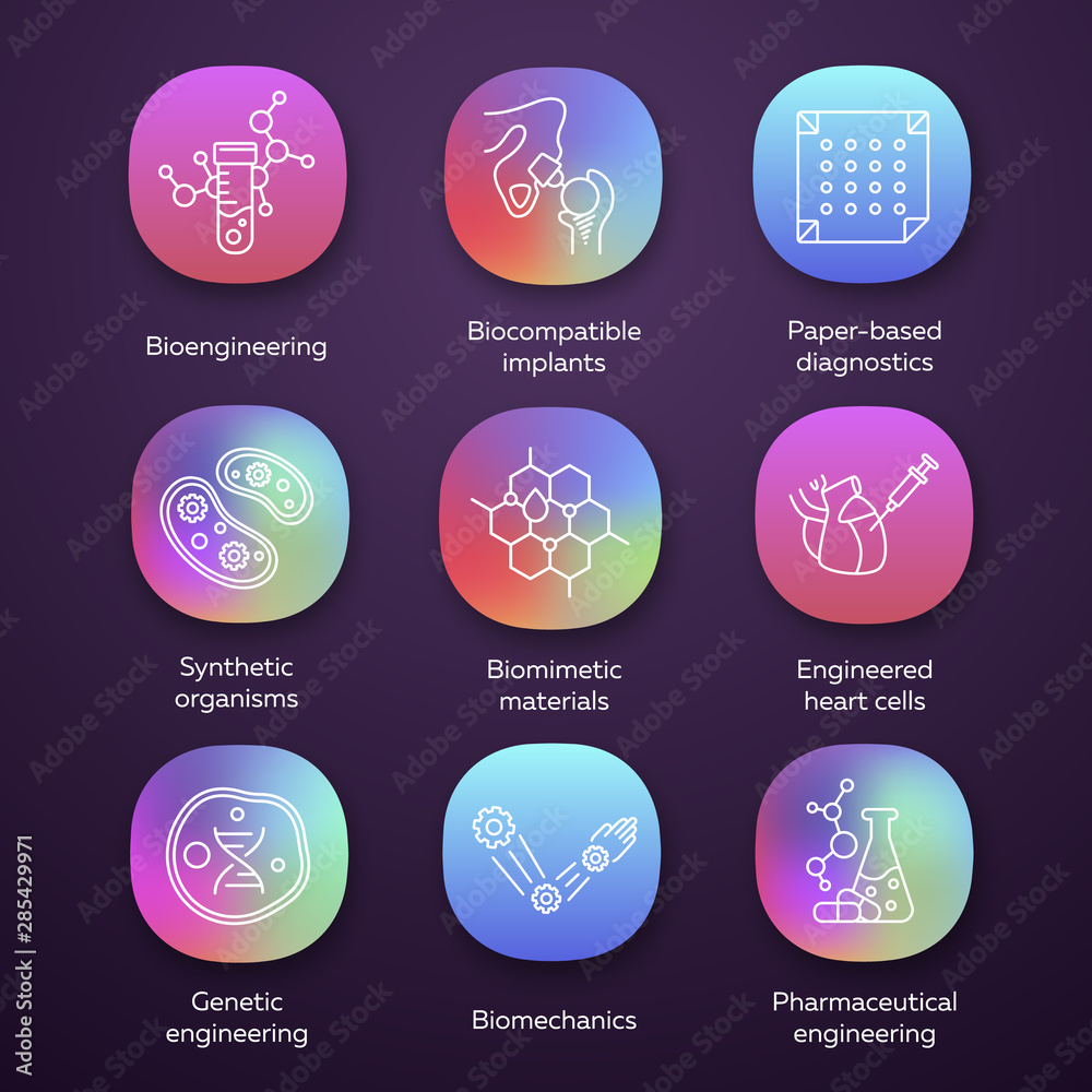 Bioengineering app icons set. Biotechnology. Molecular biology ...