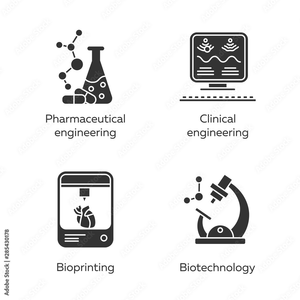 Bioengineering glyph icons set. Medical technologies research, diseases ...