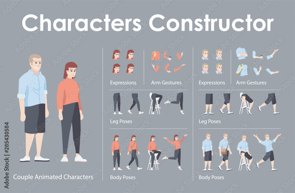Couple Front View Animated Flat Vector Characters Design Set Сharacter