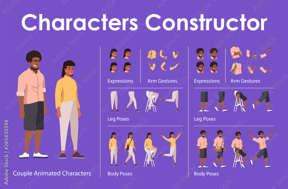Dark Skin Man Woman Front View Animated Flat Vector Characters Design