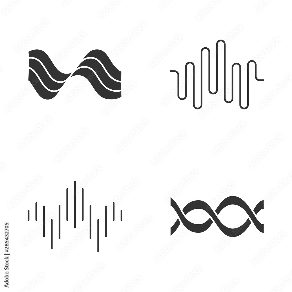 Sound waves glyph icons set. Silhouette symbols. Audio wave. Sound ...