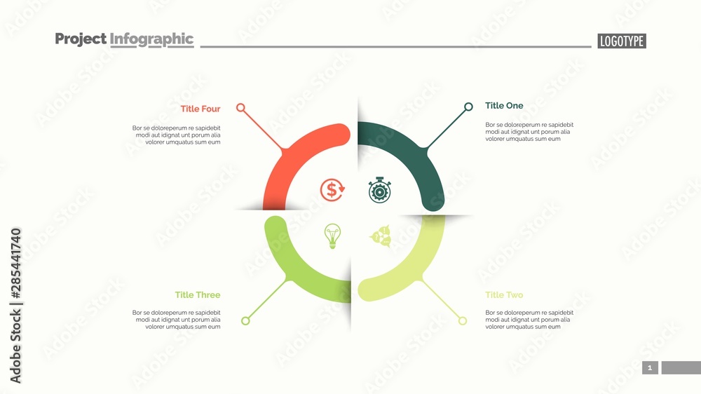 Four aspects circle diagram slide template. Business data. Graph ...