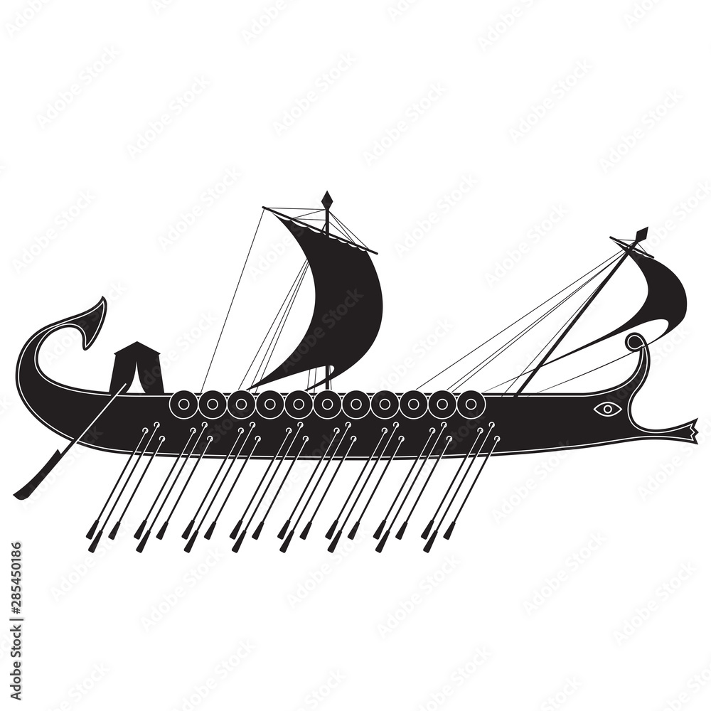 black and white image of an ancient Greek ship. vector illustration ...