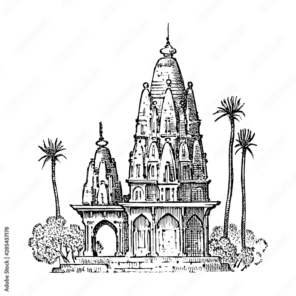 Indian national temple. Ancient old building. Hand drawn engraved in ...