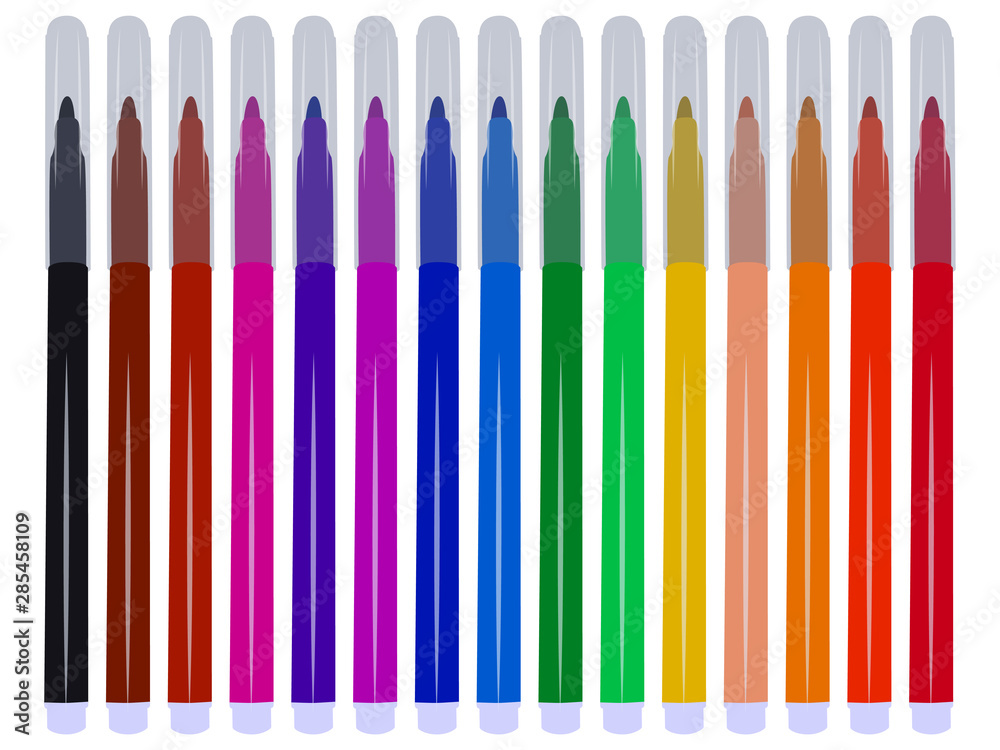 Set of fifteen markers with basic colors for drawing and painting. For ...