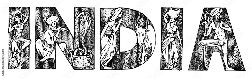 Lettering India. Decorative letters in vintage style. Double exposure ...