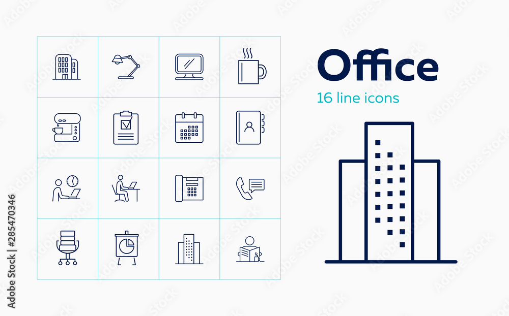 Office line icon set. Lamp, building, stationery. Desk job concept. Can ...