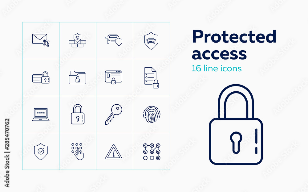 Protected access line icon set. Fingerprint, credit card, computer ...