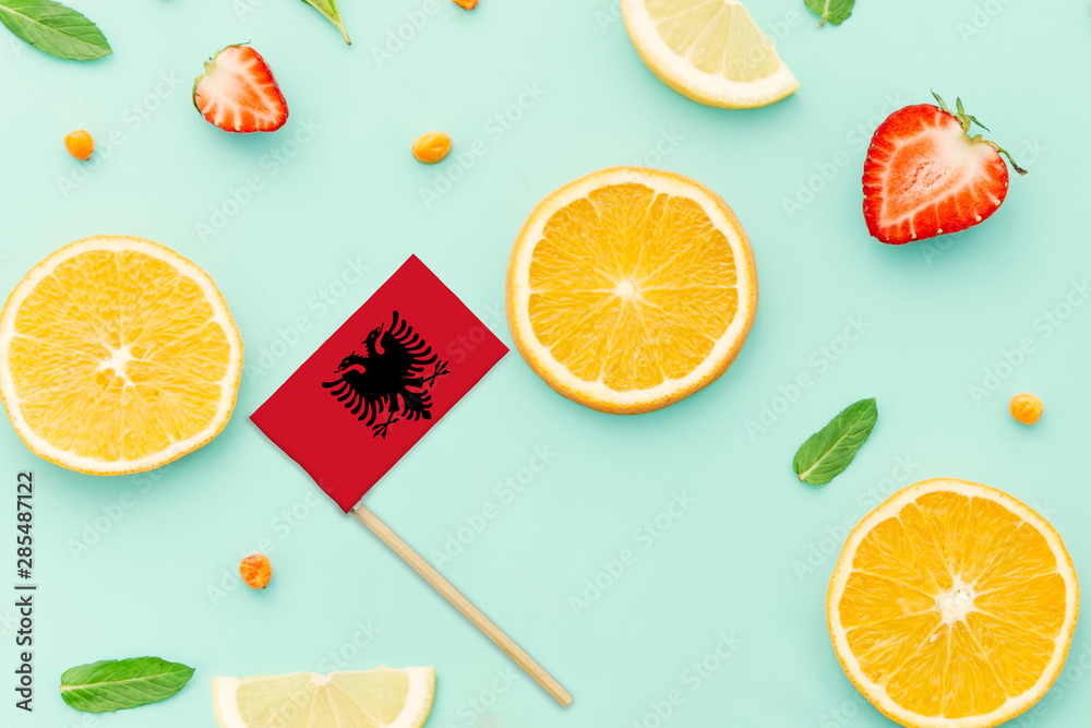Albania Paper Stick Flag. National summer fruits concept, local food ...