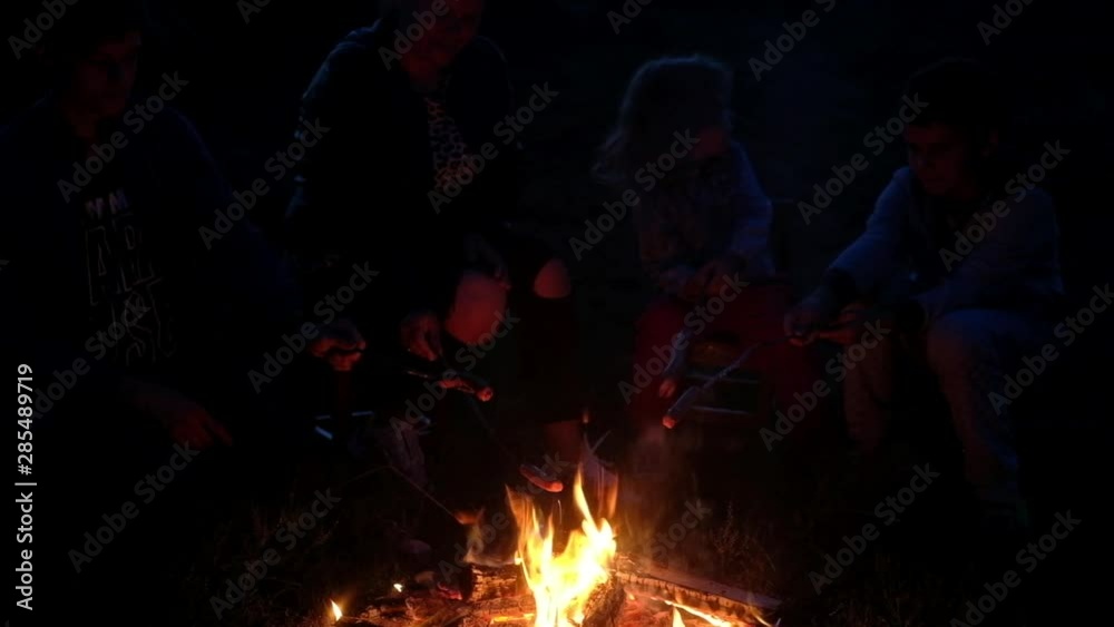 The European family sits on camp chairs by a burning hot fire and fries ...