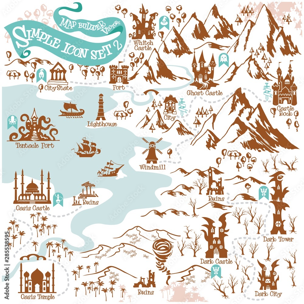 Fantasy Adventure map builder with simple icon elements in vector ...