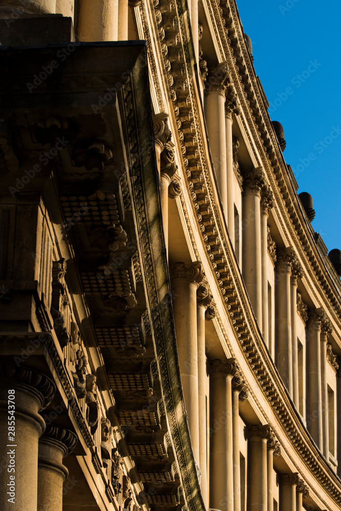 Long shot of the circular street known as the Circus in Bath, England ...