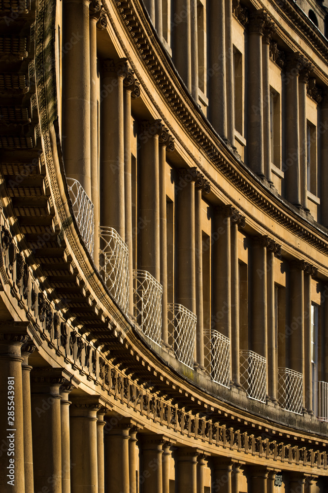 Long shot of the circular street known as the Circus in Bath, England ...