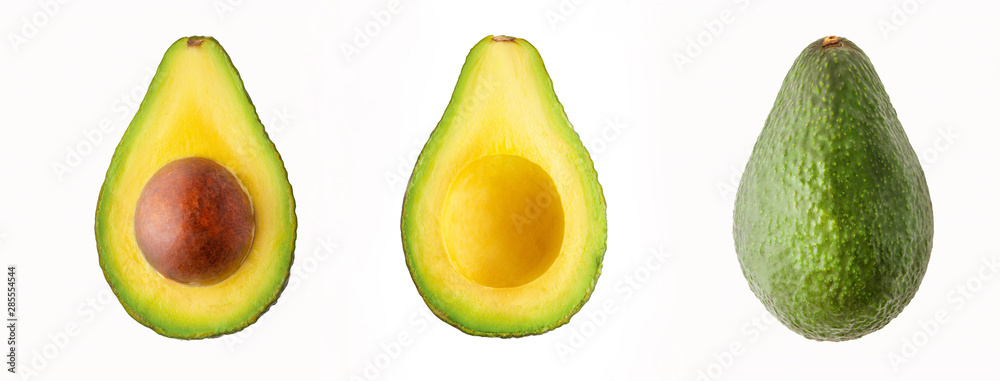 Isolated avocado. Whole avocado fruit and two halves in a row isolated ...