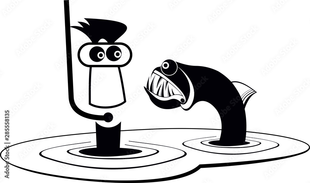 Funny diver and predator fish illustration. Cartoon man in diving mask ...