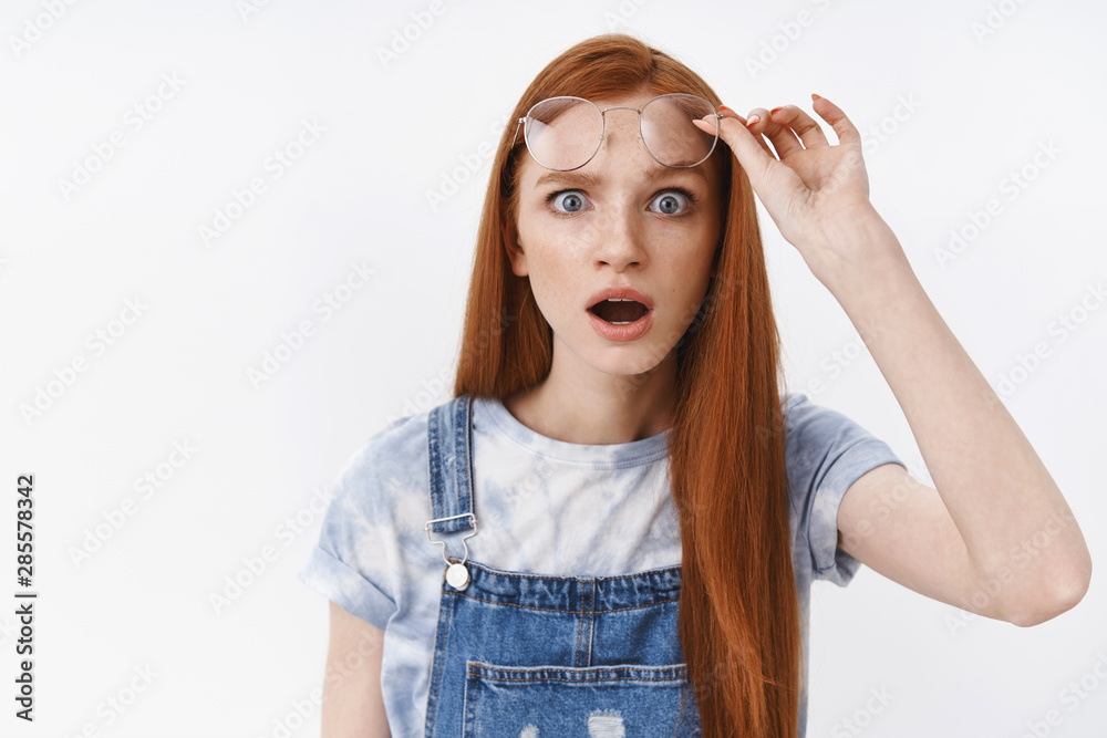 Shocked Girl Say Omg Take Off Glasses Impressed Stare Camera Amazed