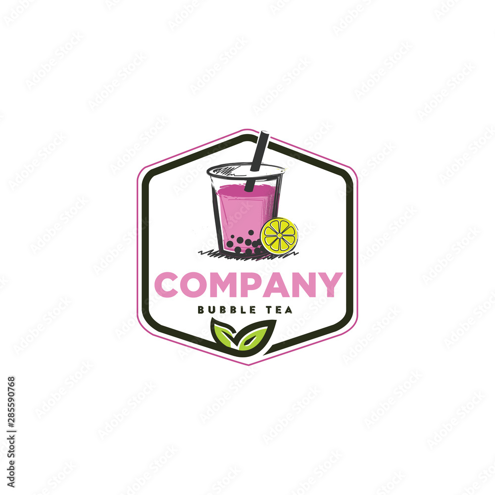 Cute bubble tea vintage drawn logo design, pink color flavor Stock ...