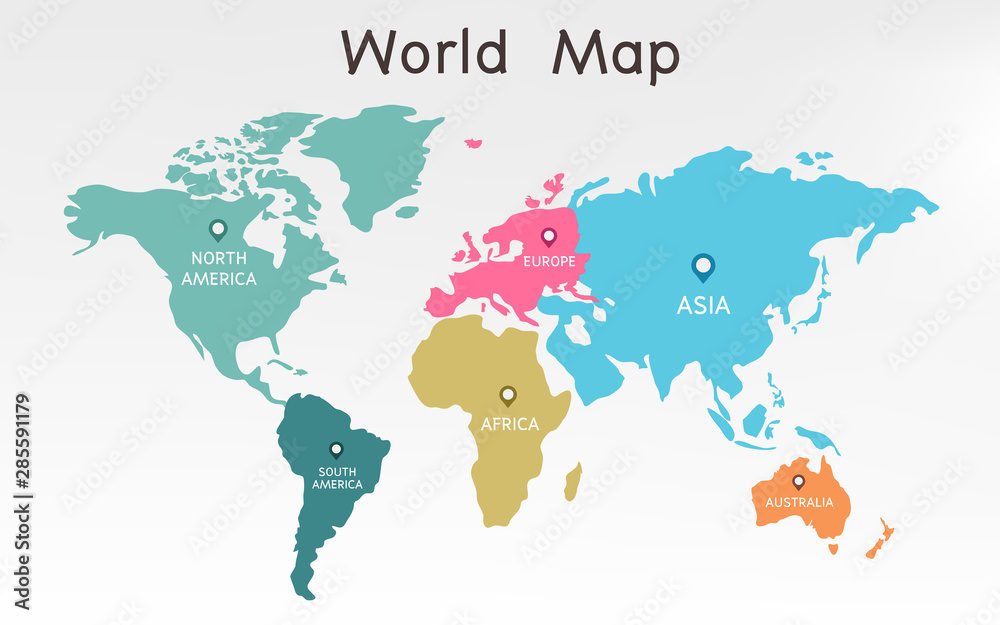 The world map is divided into various continents using lovely colors on ...