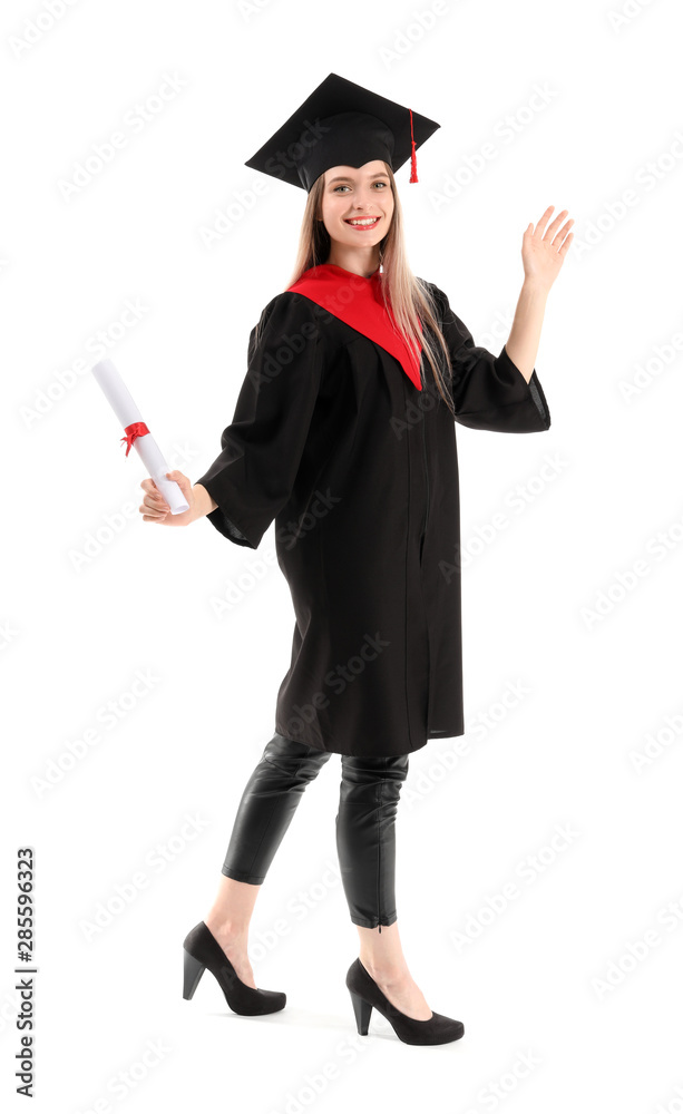 Young female student in bachelor robe and with diploma on white ...