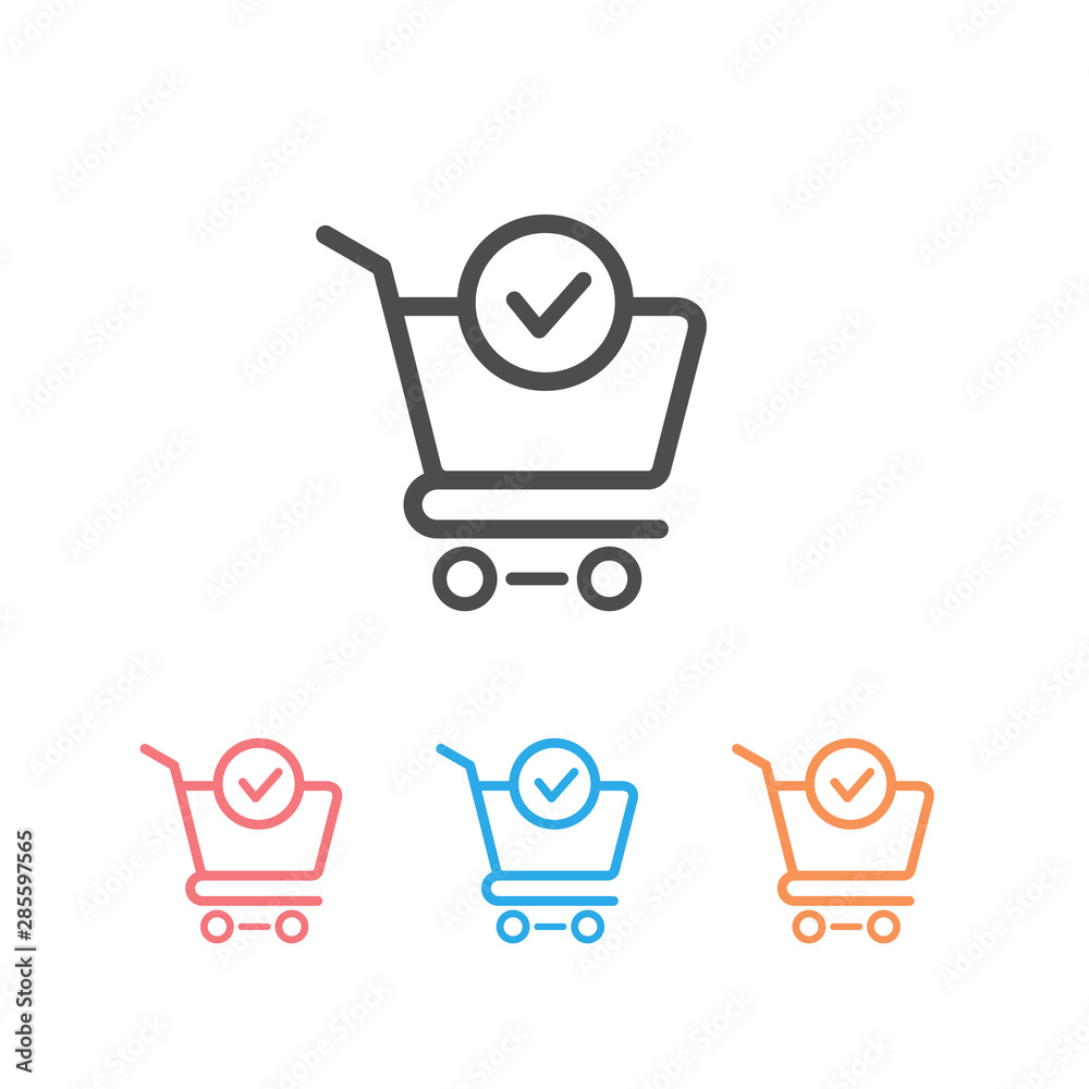 Shopping cart and check mark icon set vector completed order, confirm ...