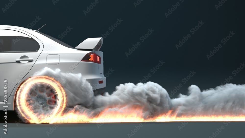 car side view is moving. leaving a trail of fire .3d render Stock ...