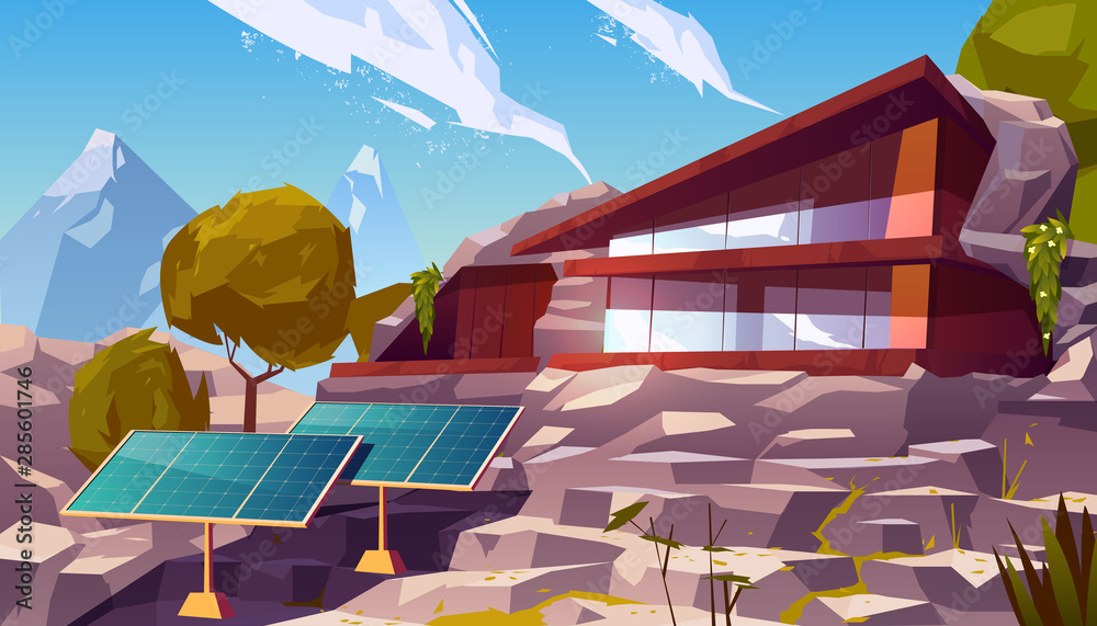 Organic architecture house with solar panels. Eco friendly wooden ...