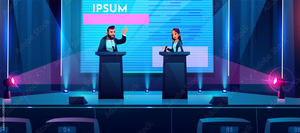 Conference debates or presentation on stage with business or politician ...