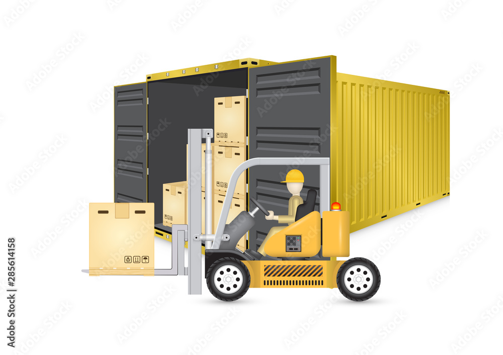 Vector illustration of operator handling cardboard box on pallet into ...