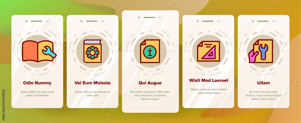Technical Documentation Onboarding Mobile App Page Screen Vector. Collection Of Technical ...
