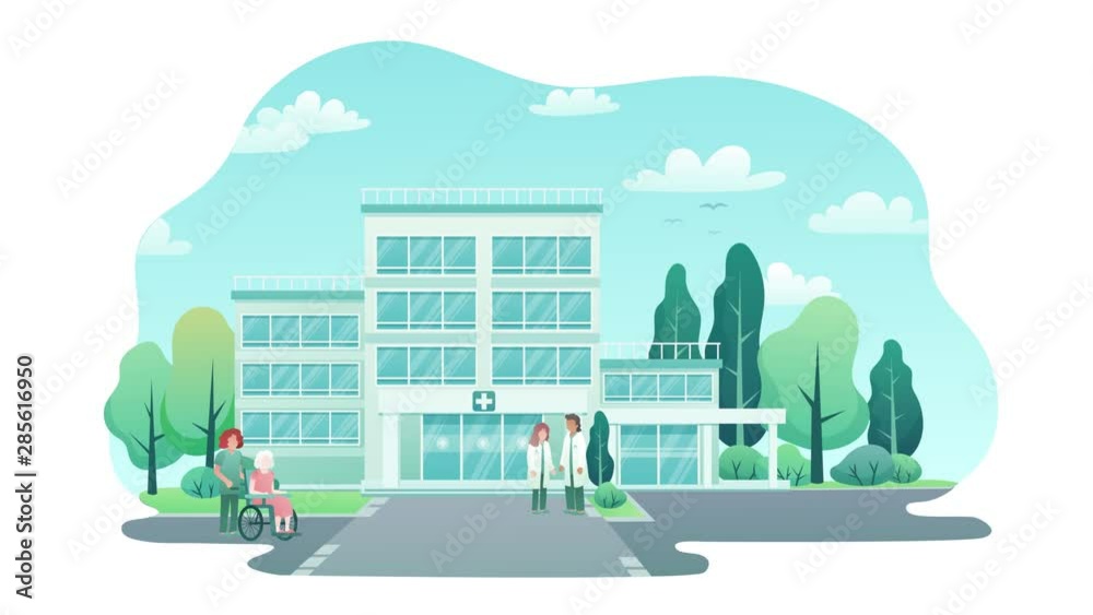 Hospital animation. Parking of building with doctors and nurse. Flat ...