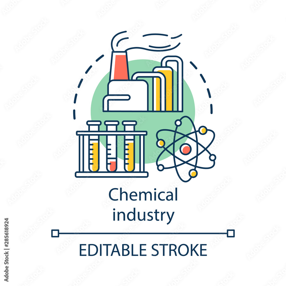Chemical industry concept icon. Industrial chemicals producing. Plant ...