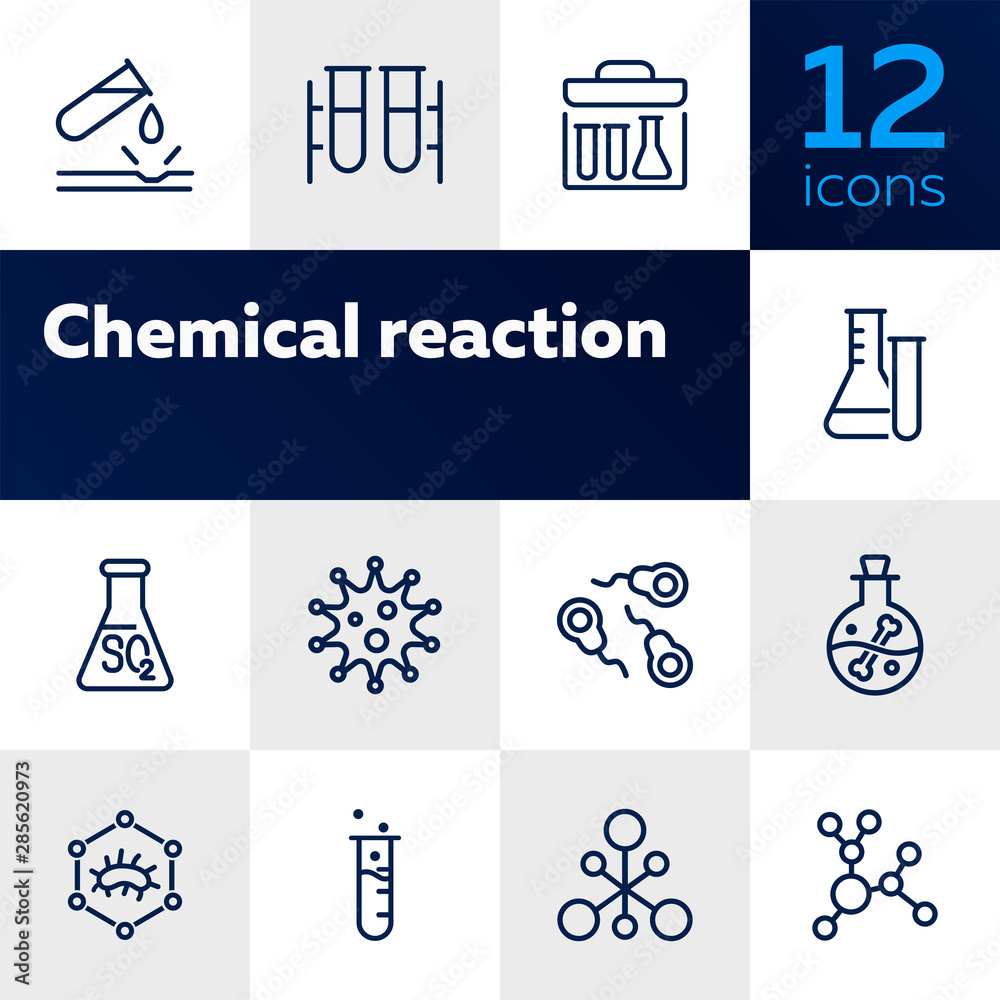 Chemical reaction line icon set. Set of line icons on white background ...