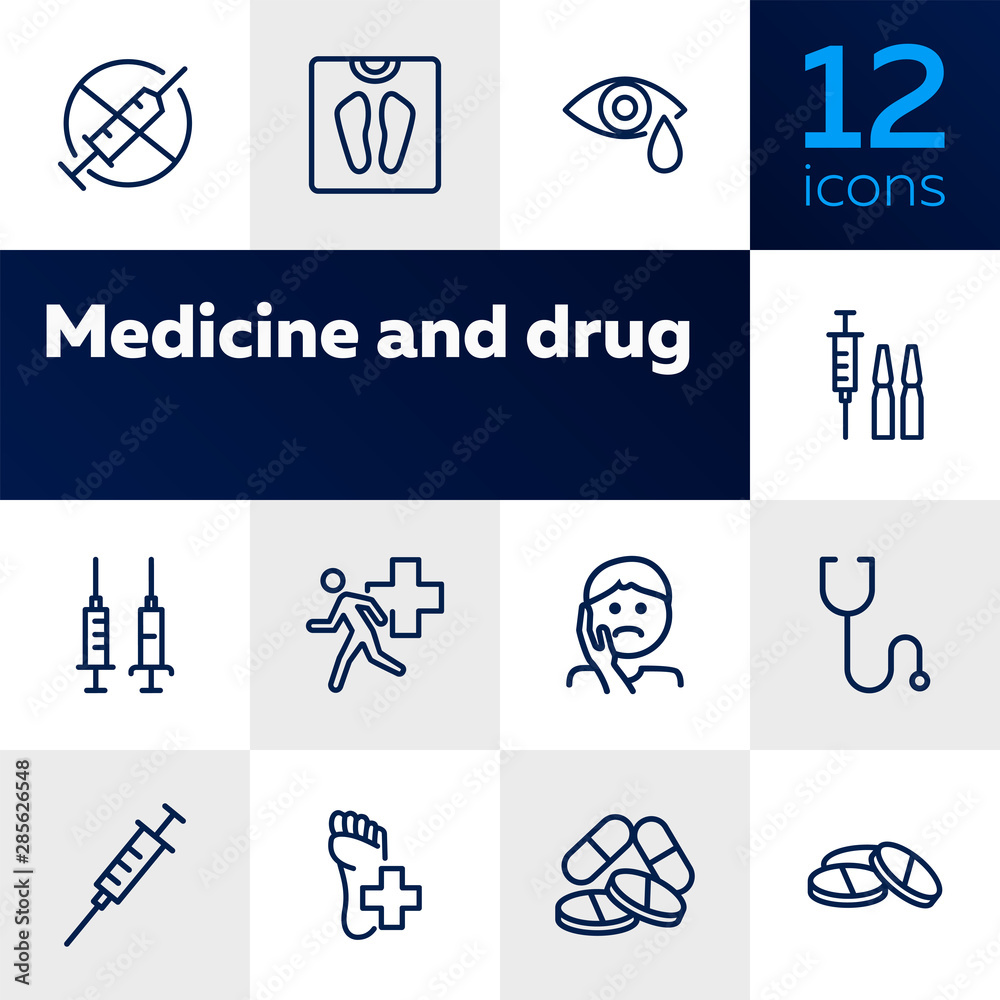 Medicine and drug icons. Set of line icons on white background. Syringe ...