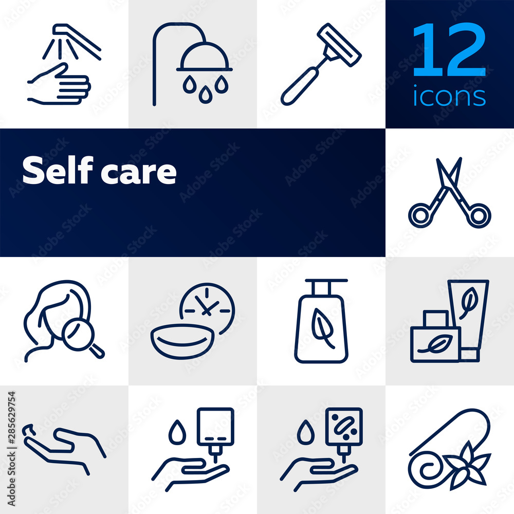 Self care line icon set. Shower, scissors, cream. Beauty care concept ...