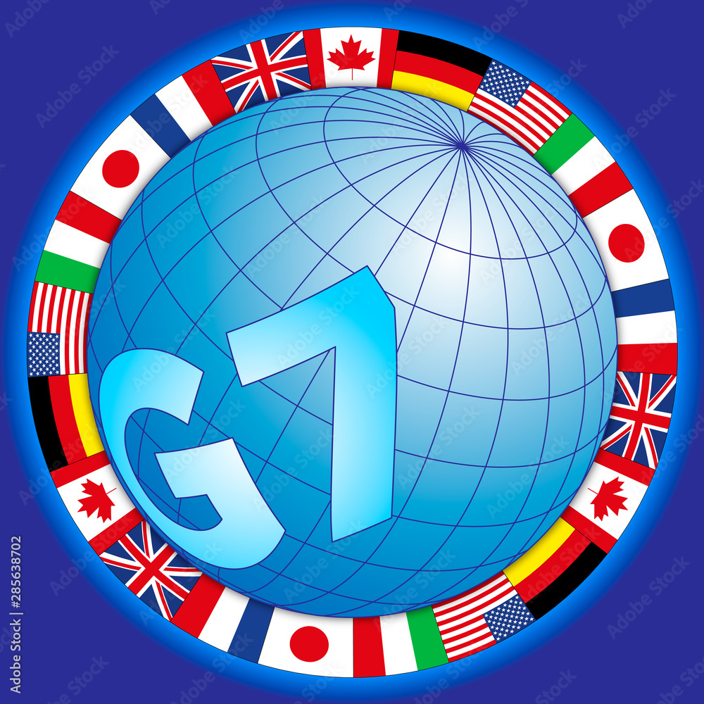 G7 global summit of industrialized countries, global symbol with flags ...