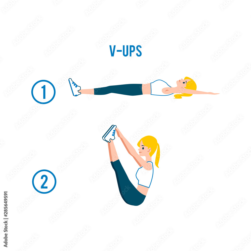 V-ups correct exercise in stages flat vector illustration isolated on ...