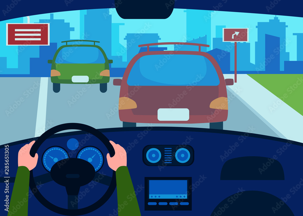 Car interior driver's place view on the road and dashboard flat vector ...