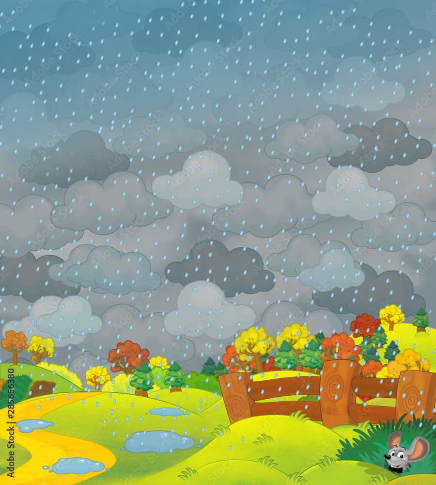 Cartoon scene of farm fields in stormy weather and some wild life ...