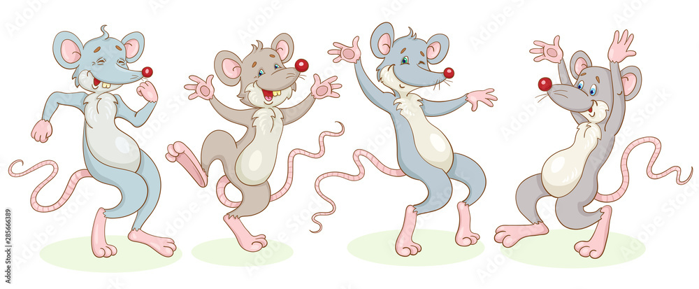 Dancing rats. Four funny gray rats are symbols of the new year. In ...
