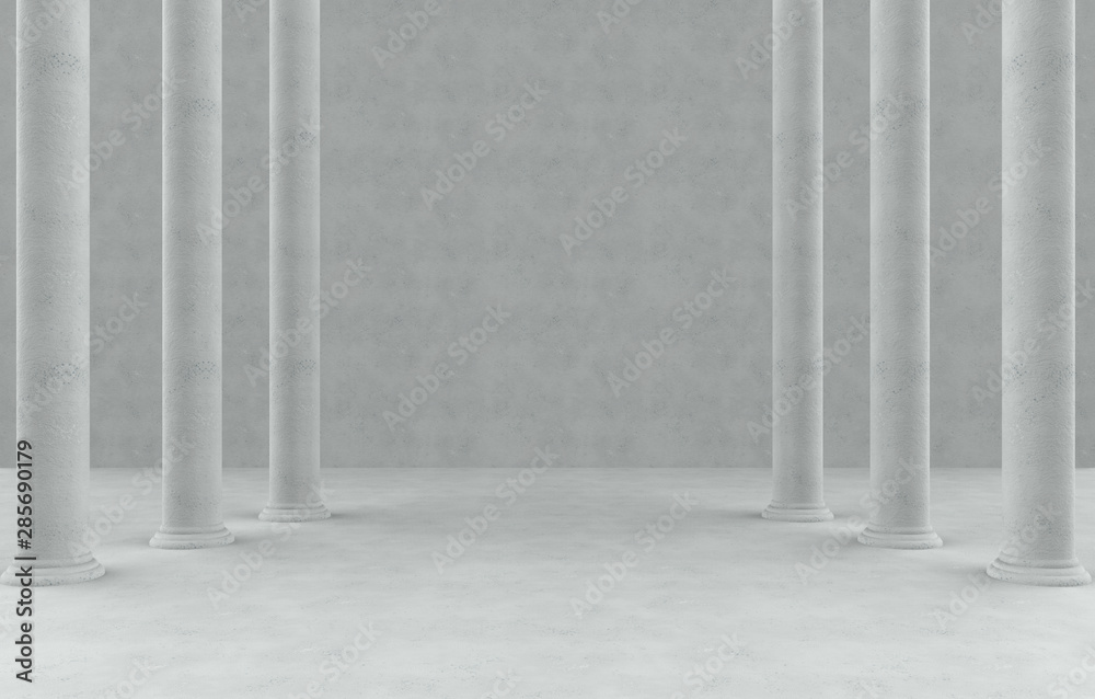 3d rendering. High roman style pole rows in empty cement room ...