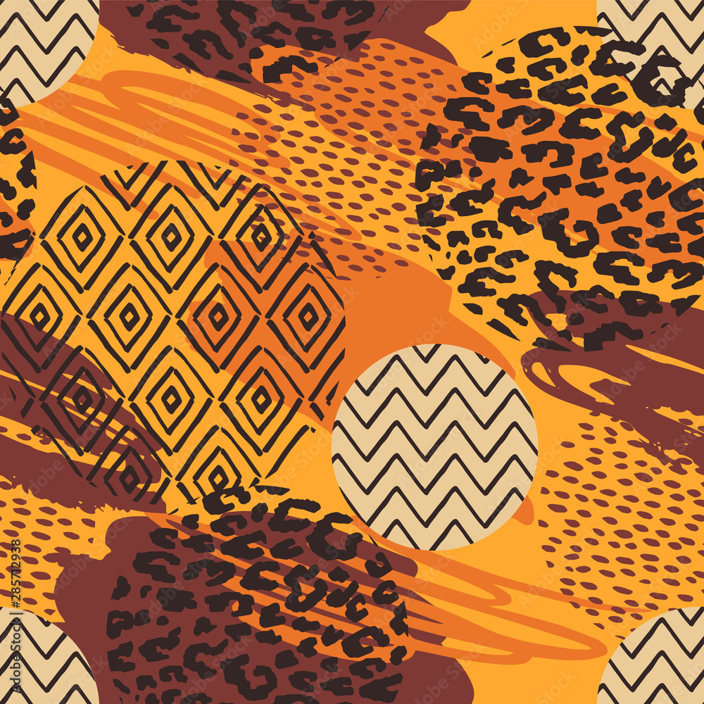 Tribal ethnic seamless pattern with animal print and brush strokes ...