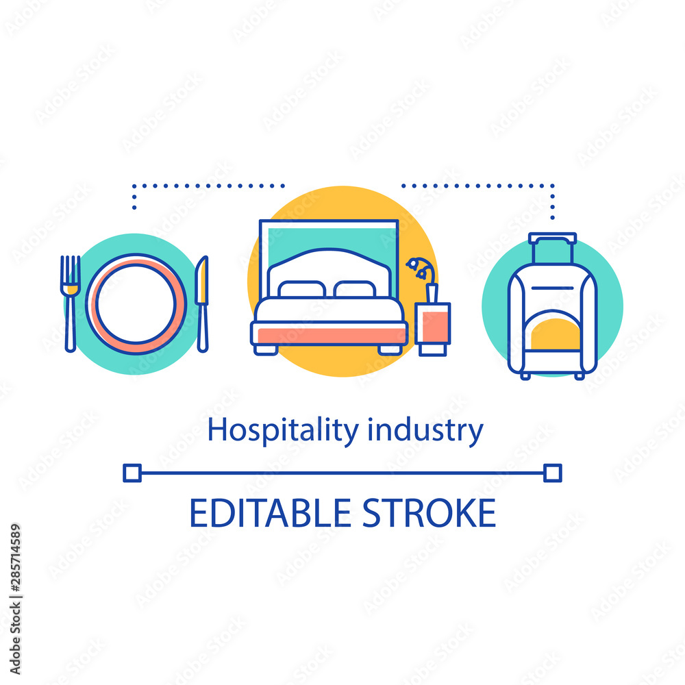 Hospitality industry concept icon. Lodging, food and drink service ...