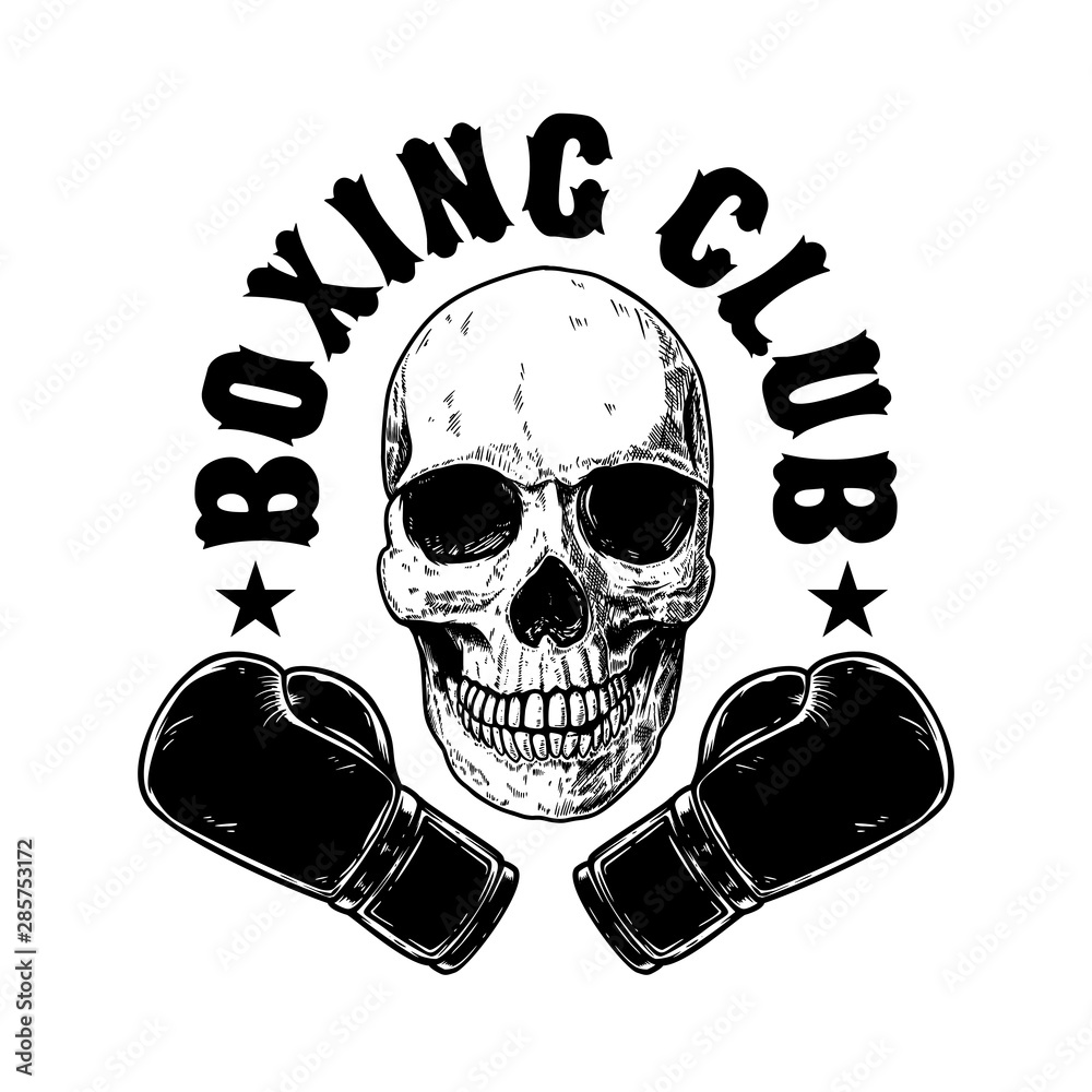 Boxing club emblem template. Human skull with boxing gloves. Design ...