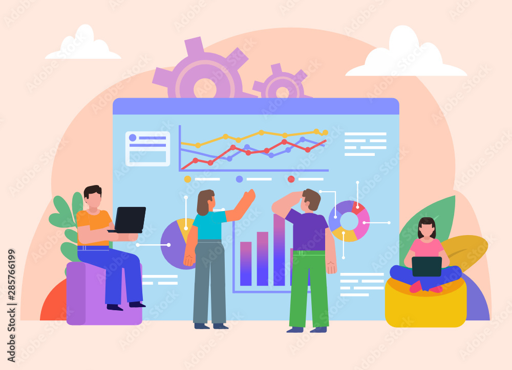 People work in office near big page with various charts, infographics ...