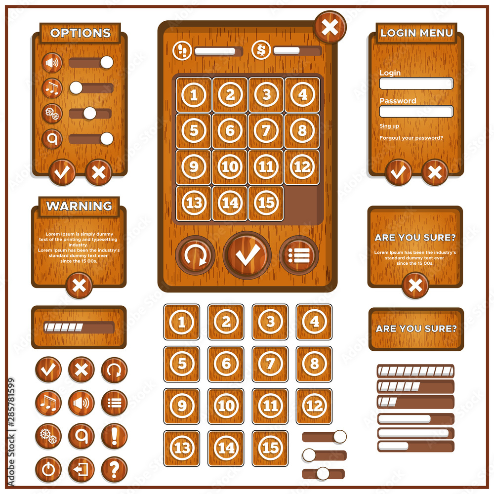 Design of the game user interface. Barley-break. A set of items. Wood ...