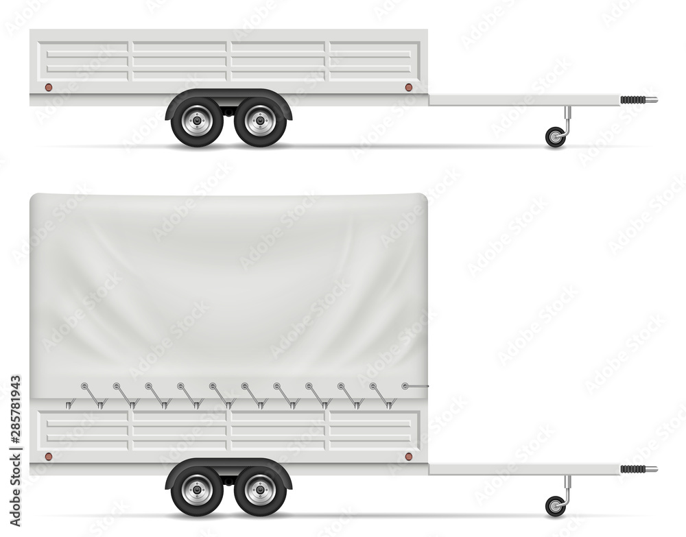 Small car trailer side view isolated on white background. All elements ...