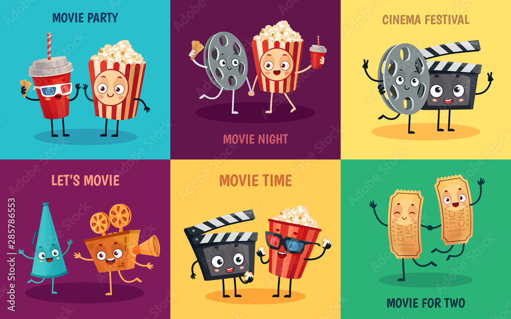 Cartoon cinema characters. Funny popcorn, cinema tickets and 3D movie ...