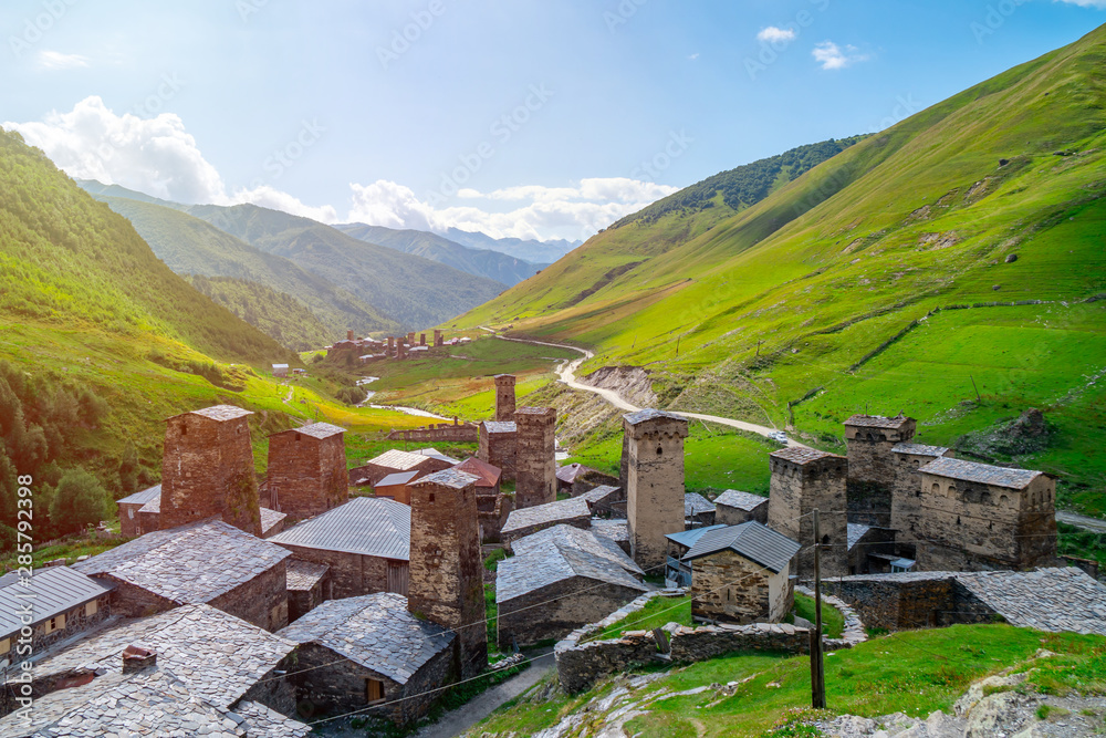 View of the Ushguli village at the foot of Mt. Shkhara. Picturesque and ...