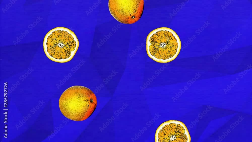 Colorful retro falling cut and whole oranges animation on a blue ...